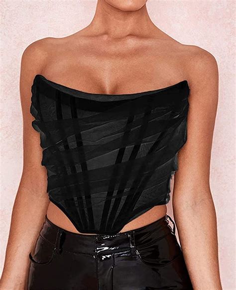 Womens Vintage Strapless Open Back Boned Mesh Bustier Zip Back Corset