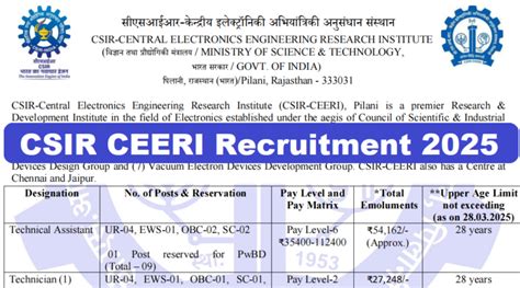 Csir Ceeri Recruitment 2025 Technician And Technical Assistant 2025 28 03 2025 Last Date ‣ Anil