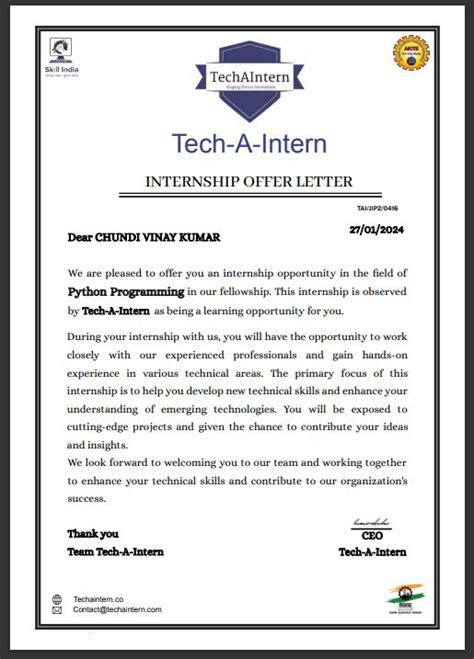 Vinay Kumar Chundi On Linkedin Techaintern Pythonprogramming Techinternship Skillindia