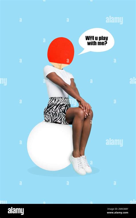 Vertical Collage Image Of Shy Girl Ping Pong Racquet Instead Head