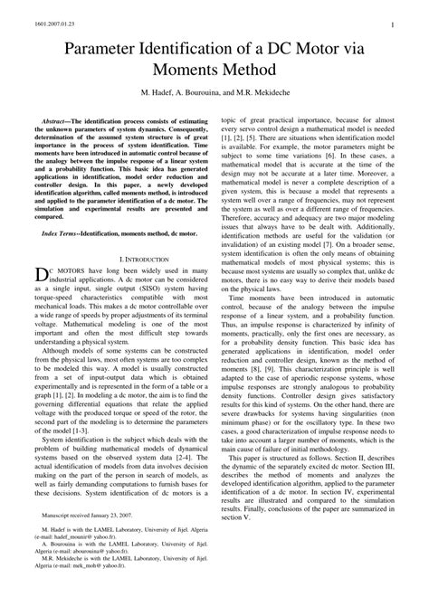 Pdf Parameter Identification Of A Dc Motor Using Moments Method
