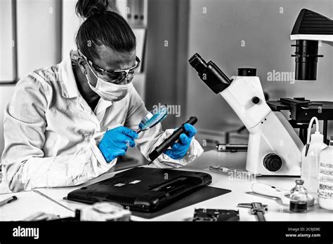 Forensic Science Data Forensic Analyst Examining Laptop Computer Stock