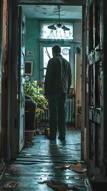 A Man Standing In A Room With A Broken Window Premium AI Generated Image