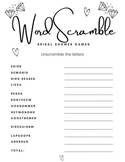 Bridal Shower Games Printable Wedding Word Scramble Printable Printable Minimalist Bridal