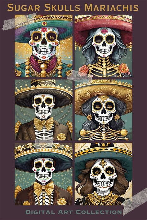 Festive Sugar Skulls Mariachis Digital Art Collection Dia De Los