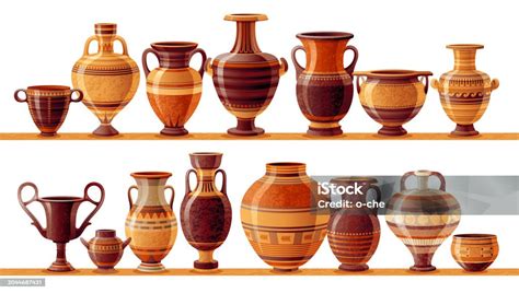 선반에 도자기 꽃병과 항아리 진흙 냄비 빈티지 암포라가 있는 도자기 스튜디오 손수 만든 토기 다른 모양 도자기 워크샵 컬렉션 점토 꽃병 벡터 만화 그림 꽃병에 대한 스톡