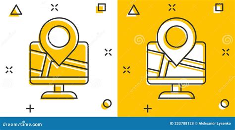 Computer Navigation Icon In Comic Style Monitor Pin Gps Cartoon Vector