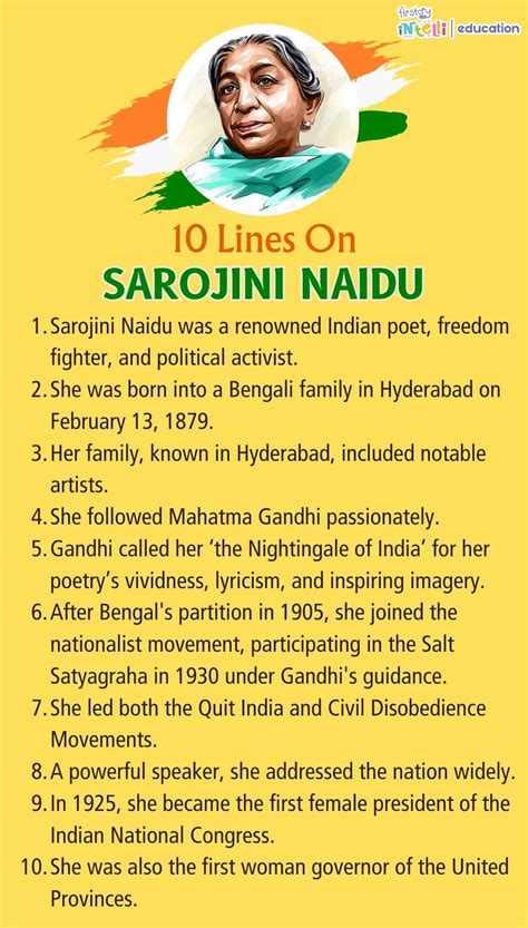Essay On Sarojini Naidu In English For Classes 1 2 And 3 10 Lines