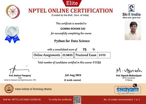 excited to announce my completion of the python for data science course by nptel and iit
