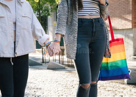 Lesbian Couple Walking Along Street Together Stock Image Image Of