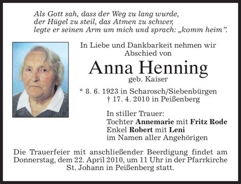 Traueranzeigen Von Anna Henning Trauermerkurde