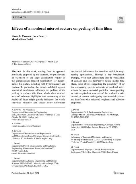 Pdf Effects Of A Nonlocal Microstructure On Peeling Of Thin Films