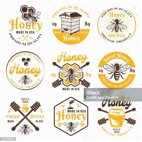 밝은 배경에서 격리된 패키지 설계를 위한 컬러 벡터 엠블럼 라벨 배지 및 표지판의 꿀 및 양봉 세트 꿀에 대한 스톡 벡터 아트 및 기타 이미지 Istock