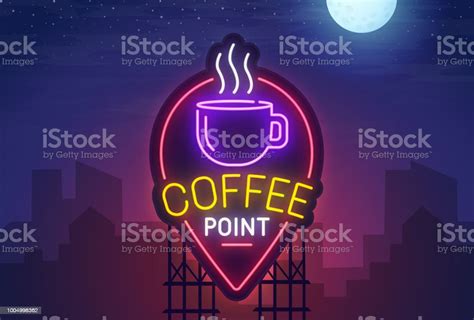 밤 시입니다 네온을 로그인 합니다 카페 그리고 식당입니다 밝은 광고 판 커피 포인트 배너 아이콘 상징 및 레이블 밝은 간판 라이트 배너 벡터 일러스트입니다 아이콘에 대한