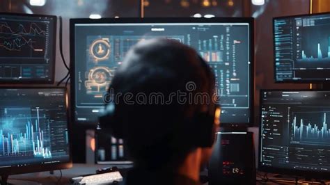 Man Analyzing Data On Multiple Digital Screens In A Dark Room During