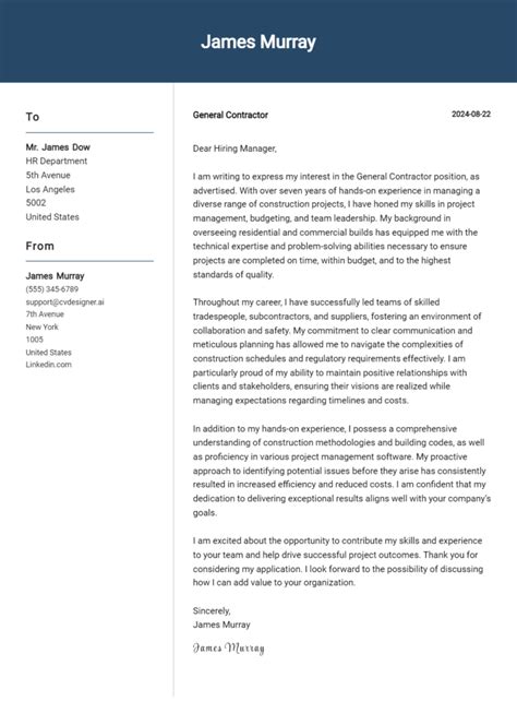 General Contractor Cover Letter Example For 2024 Download Templates