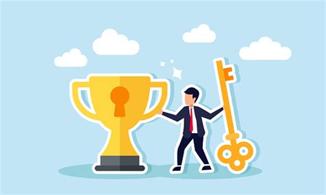 열쇠 구멍이 뚫린 트로피 옆에 열쇠를 들고 있는 사업가 선도 기업이 되기 위한 솔루션과 전략에 대한 그림 개념에 대한 스톡 벡터