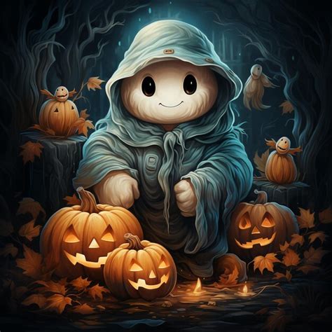 Cute Ghost Holding Candy Basket Pumpkin Premium Ai Generated Image