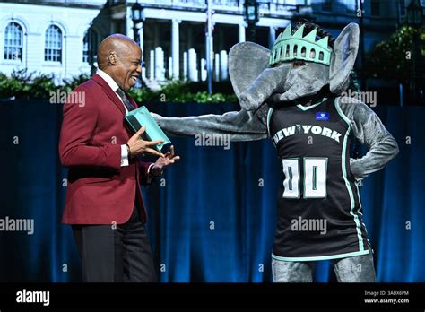 New York City Mayor Eric Adams L Seen Onstage With Ellie The Elephant Wnbas New York