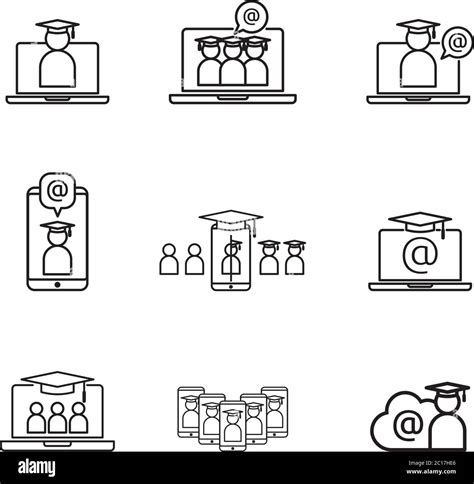 E Learning Line Icon Online Internet Education Symbol Graduation Cap On Laptop Screen Digital