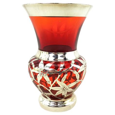 Antique Silver Overlay Ruby Glass Vase With Pierced And Engraved Floral