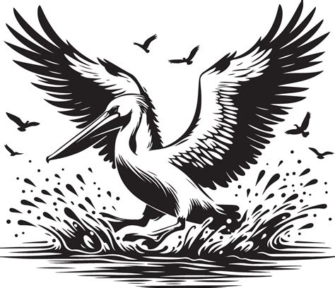 Pelican With Wings Spread In The Air Black And White Illustration