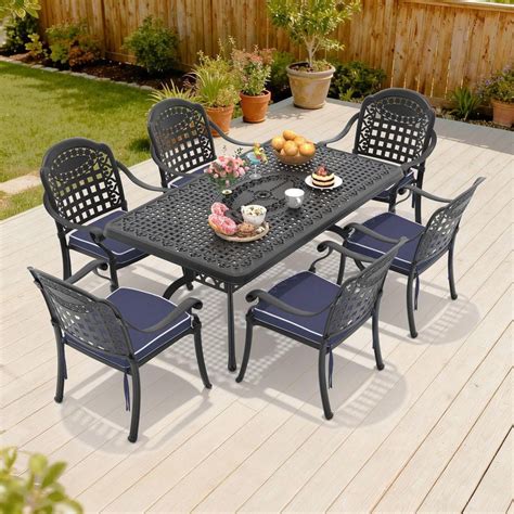Willit 7 Piece Aluminum Patio Outdoor Dining Set With 6 Chairs Rectangular Table Umbrella Hole