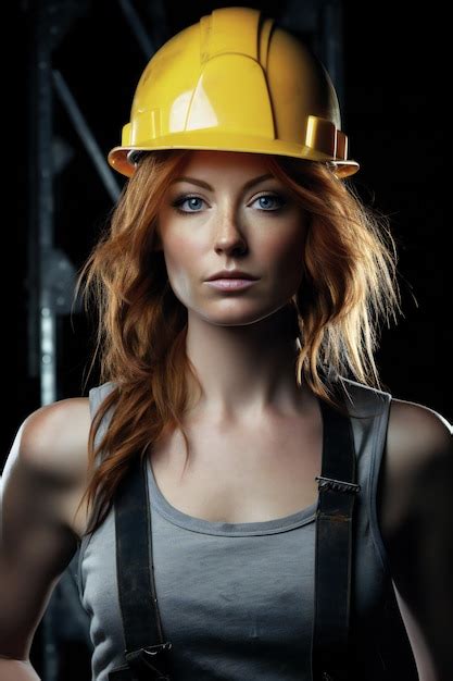 Premium AI Image Portrait Of A Beautiful Redhead Builder Woman In Hard Hat