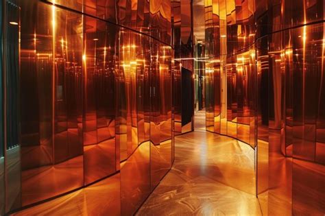 A Room With Mirrored Walls Reflecting Interior Lights Creating An