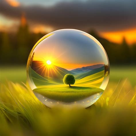 Premium Ai Image Tiny World In A Glass Bubble Marble In A Grass Field