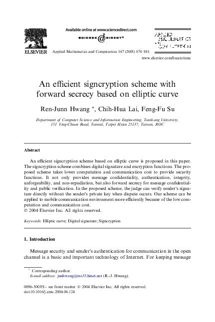 Pdf An Efficient Signcryption Scheme With Forward Secrecy Based On Elliptic Curve Nizam