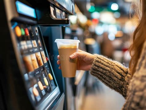 Hands Using A Vending Machine Coffee Cups Interior Setting Neutral