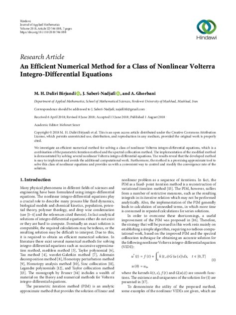 Pdf An Efficient Numerical Method For A Class Of Nonlinear Volterra