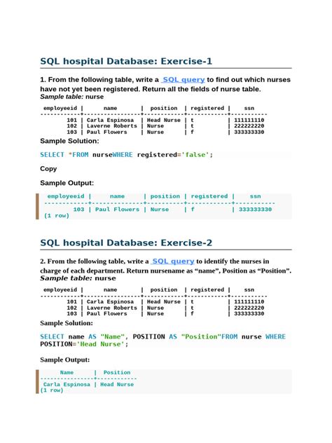 Sql Hospital Database Exercise 1 Pdf
