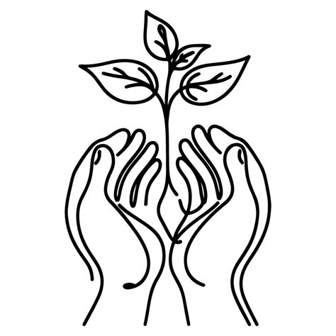 Continuous One Black Line Art Tree Sprout Growing From Hands Earth Planet Protection Concept