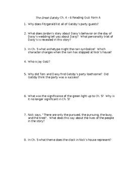 The Great Gatsby Ch. 4-6 Reading Quiz by Funky Literature Junkie