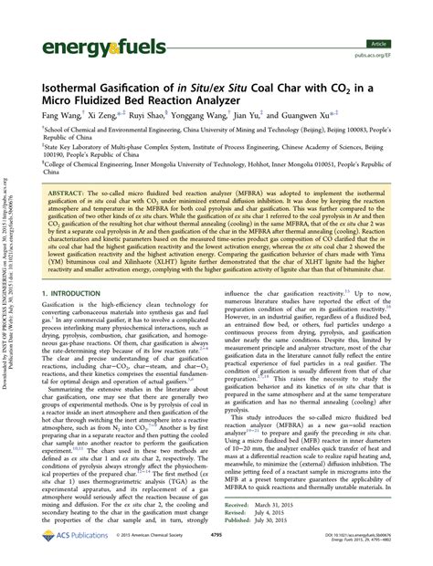 Pdf Investigation On Inex Situ Coal Char Gasification Kinetics In A