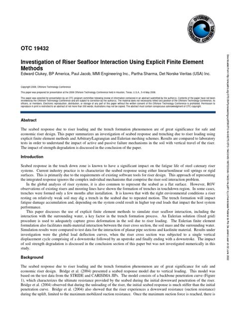 Clukey 2008fecontinuum Investigation Of Riser Seafloor Interaction Using Explicit Finite