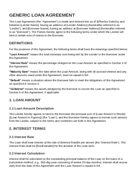 Generic Loan Agreement Template Form Fill Out And Sign Printable Pdf