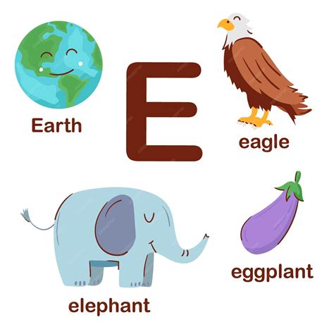 Alfabeto Inglês Pré Escolar Letra E Águia Da Terra Elefante Berinjela
