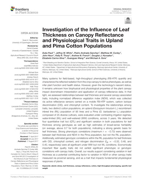 Pdf Investigation Of The Influence Of Leaf Thickness On Canopy Reflectance And Physiological