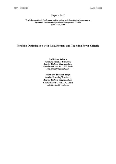 PDF Portfolio Optimization With Mean Variance And Tracking Error Criteria