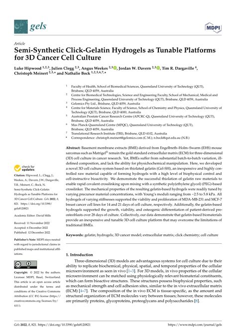 Pdf Semi Synthetic Click Gelatin Hydrogels As Tunable Platforms For 3d Cancer Cell Culture
