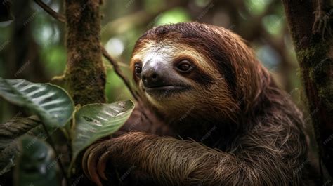 Premium Ai Image Three Toed Sloth In Tree In Costa Rica Rainforest