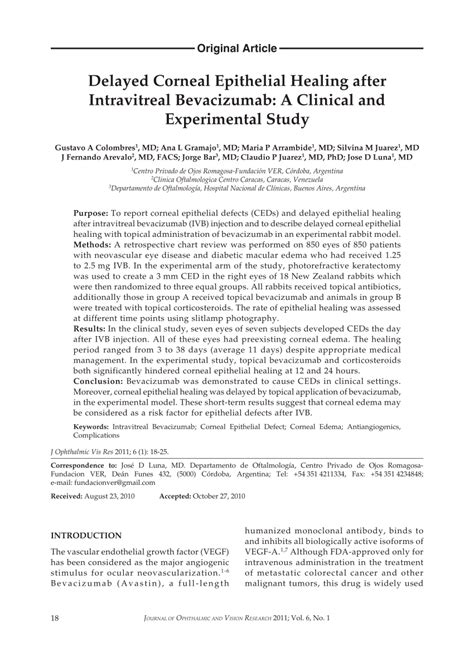 Pdf Delayed Corneal Epithelial Healing After Intravitreal Bevacizumab A Clinical And