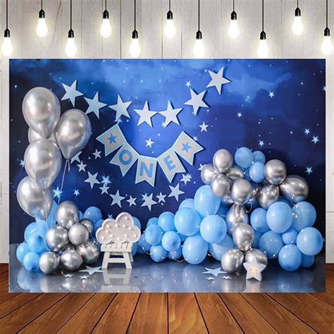 1st Happy Birthday Backdrop Blue And Silver Balloons Stars