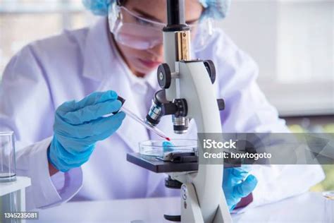 실험실에 있는 여자 과학자는 과학 현미경 의학 시험 및 연구 생물학 화학을 봅니다 과학 약국 유전 연구를 분석하는 여성 기술자 실험실 화학 의료 테스트 실험실 25 29세에