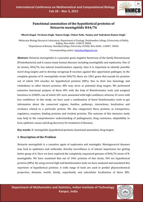 Pdf Functional Annotation Of The Hypothetical Proteins Of Neisseria Meningitidis H4476