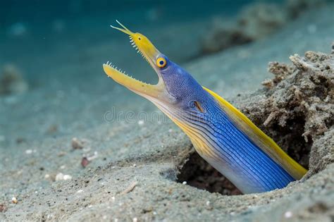 Ribbon Eel Emerging From Burrow In Underwater Ocean Habitat For Marine