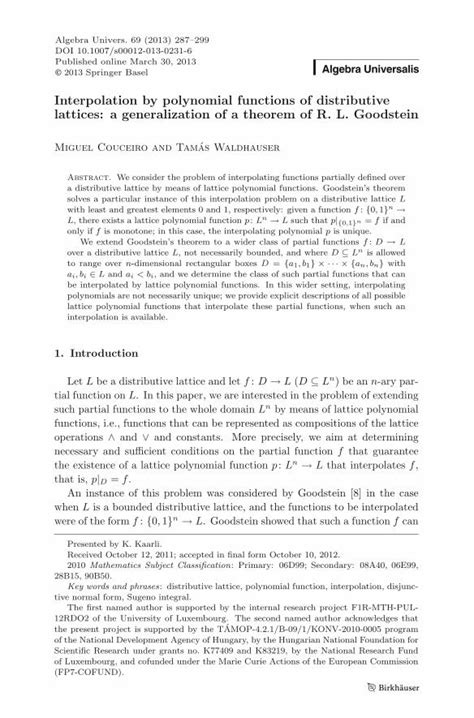 Pdf Interpolation By Polynomial Functions Of Distributive Lattices A